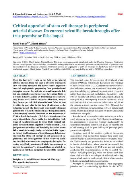 Pdf Critical Appraisal Of Stem Cell Therapy In Peripheral Arterial
