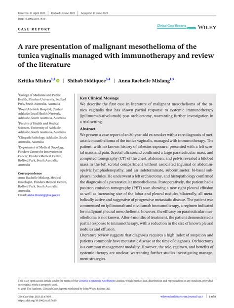 Pdf A Rare Presentation Of Malignant Mesothelioma Of The Tunica