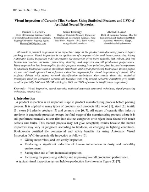 Pdf Visual Inspection Of Ceramic Tiles Surfaces Using Statistical Features And Lvq Of