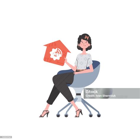 소녀는 의자에 앉아 손에 집의 아이콘을 쥐고 있습니다 사물 인터넷 및 자동화 개념 격리 트렌디 한 평면 스타일의 벡터 일러스트레이션 가상현실에 대한 스톡 벡터 아트 및 기타