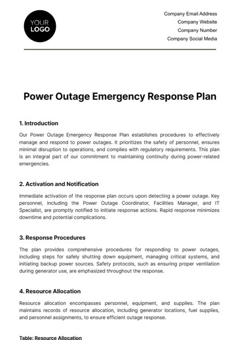 Free Power Outage Emergency Response Plan Template To Edit Online