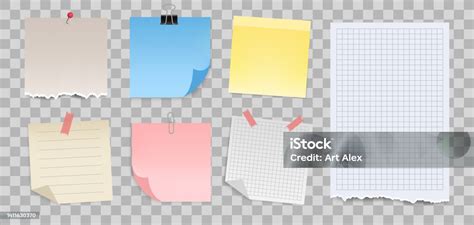 핀 종이 클립 푸시 핀 접착 테이프 및 스티커 테이프가있는 메모지 세트 빈 시트 메모 찢어진 종이 시트 및 투명한 배경에 격리