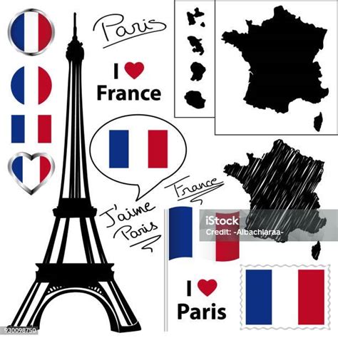 カラフルなフランスのフラグとフランスの地図やモニュメントのシルエットのベクター キット アイコンのベクターアート素材や画像を多数ご用意