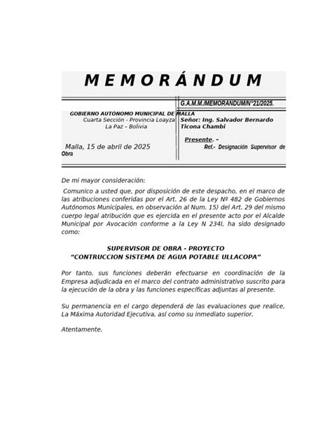 M E M O R Á N D U M Supervisor De Obra Pdf