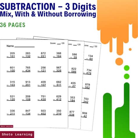 3 Digits Subtraction Bundle Mix With Without Borrowing Math Problems