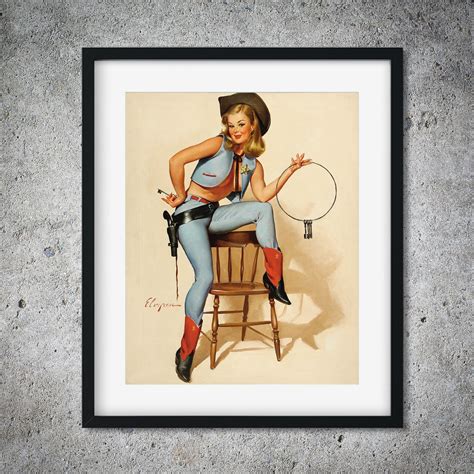 Vintage Western Pin Up Print Gil Elvgren A Key Situation 1967 Cowgirl