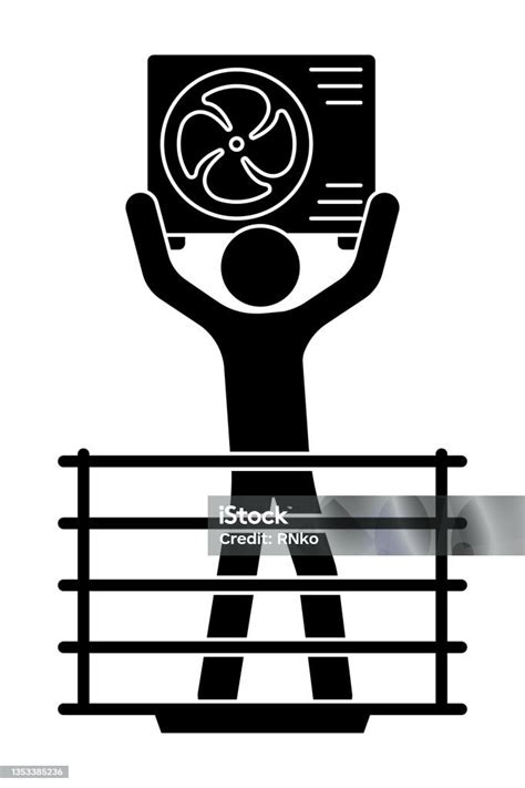 스틱 피규어 작업자 컨디셔닝 및 공기 여과 시스템의 설치 외부 장치를 설치합니다 장비의 유지 보수 흰색 배경에 격리된 간단한 흑백 벡터 건물 외관에 대한 스톡 벡터 아트 및