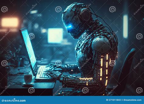 Ai Robot Working With Computer Futuristic Humanoid Worker Generative