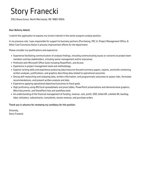 Senior Program Analyst Cover Letter Velvet Jobs