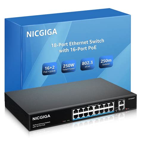 Getuscart 16 Port Poe Switch 250w With 2 Gigabit Uplink Port Nicgiga 18 Port Ethernet Poe
