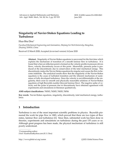 Global Science Press Singularity Of Navier Stokes Equations Leading To Turbulence