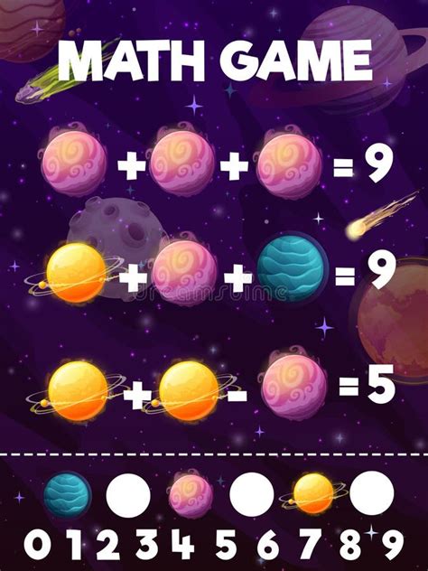 cartoon space planets addition math game worksheet stock vector