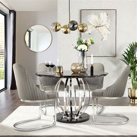 Savoy Round Dining Table 4 Riva Chairs Black Marble Effect Chrome