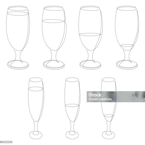 칵테일 맥주 또는 음료 샴페인과 유리의 연속 한 줄 그리기 거의 빈 유리 세트 반 채워지고 가득 차 있습니다 벡터 일러스트
