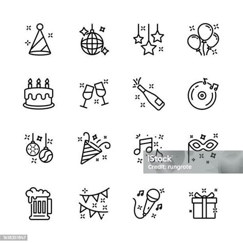 크리스마스 새해 행복한 축하 음악 선물 불꽃 놀이 색종이 음식 및 와인과 같은 파티 얇은 선 아이콘 세트 격리된 벡터 그림 기념일에 대한 스톡 벡터 아트 및 기타 이미지
