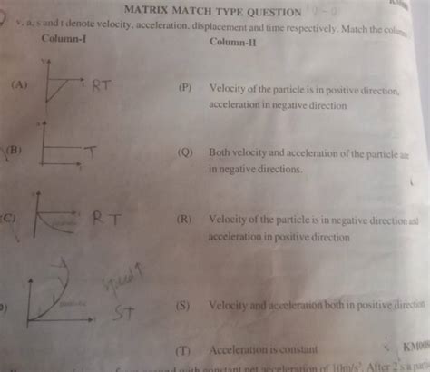 MATRIX MATCH TYPE QUESTION V A S And T Denote Velocity Acceleration D