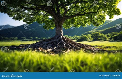 Majestic Solitary Tree Standing Tall With Intricate Root System And