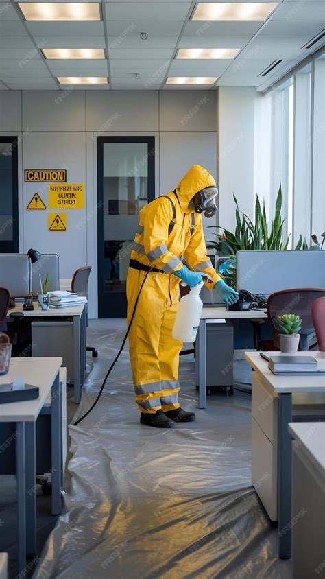 Cleaner Person And Spray Chemicals Office For Fumigation Disinfect And