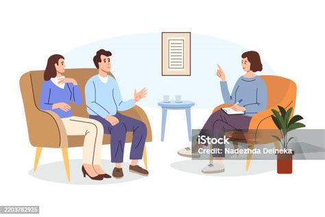 가족 심리학자 심리학자의 임명에 남편과 아내심리학자에서 리셉션 대화 플랫 벡터 일러스트 레이 션 Mental Wellbeing에 대한 스톡 벡터 아트 및 기타 이미지
