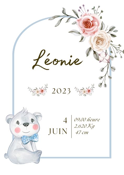 Affiche de naissance personnalisée Ourson et fleurs Cadeaux Naissance