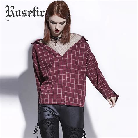 Rosetic Gothic Blouse Red Plaid Mesh Patchwork Women Casual Loose Goth