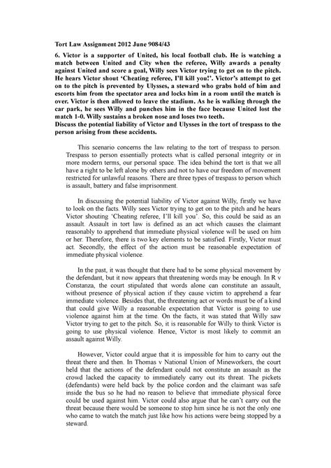 A Levels Tort 5 2012 June 908443 Trespass To Person Tort Law