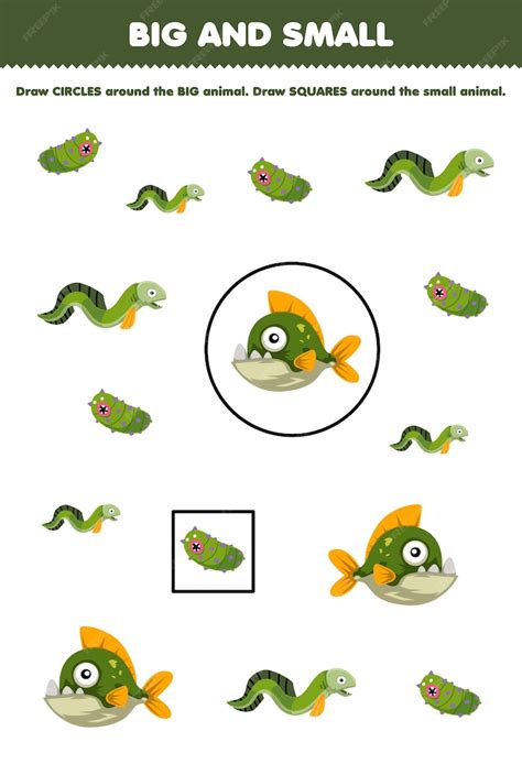 아이들을 위한 교육 게임은 귀여운 만화 피라냐 해삼 장어 인쇄용 수중 워크시트의 원과 사각형을 그려서 크거나 작은 크기로 정렬합니다 프리미엄 벡터