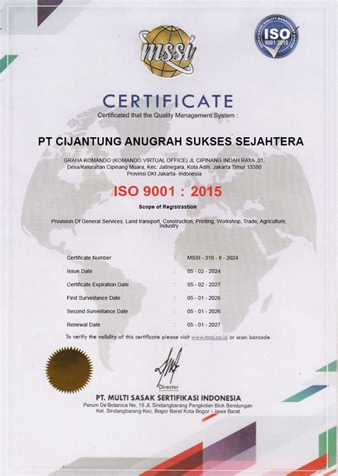 PT CIJANTUNG ANUGRAH SUKSES SEJAHTERA ISO 9001 Mssi Certification