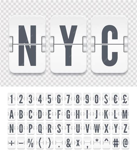 항공편 출발 또는 도착 정보를 위한 좁은 흰색 플립 보드 글꼴 공항 터미널 기계적 스코어보드 알파벳은 목적지 및 시간표 벡터 일러스트레이션을 표시합니다 프리미엄 벡터