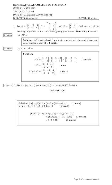 Midterm 2 Course Math 1210 Test 2 Solutions Date And Time March 3 2023 6 30 Pm Duration 60