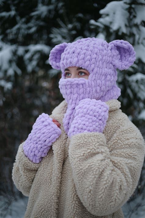 Hand Knitted Set Original Hat Bear Balaclava With Ears And M Inspire