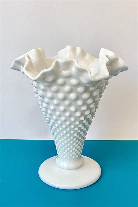 Vintage Fenton Milk Glass Hobnail Fluted Vase Etsy