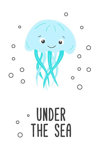 벡터 귀여운 만화 파란 해파리의 포스터는 거품과 텍스트가 있는 바다 아래 플랫 스타일입니다 교육에 대한 스톡 벡터 아트 및 기타 이미지 Istock