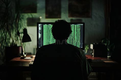 Programmer Working Late Night Coding On Computer Screen Green Code Dark Room Stock Illustration