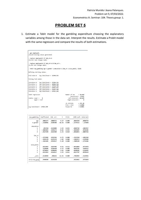 Probelm Set 5 Econometrics III Problem Set 5 07 03 2022 Econometrics III Seminar 104