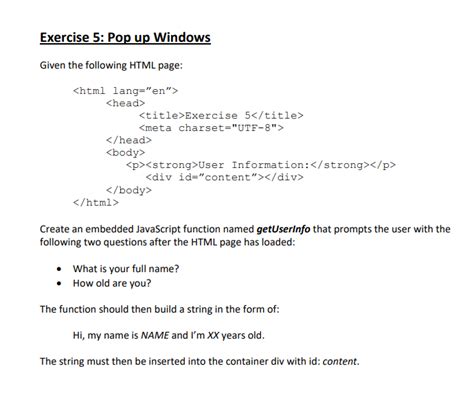 Solved Exercise 5 Pop Up Windows Given The Following HTML Chegg Com