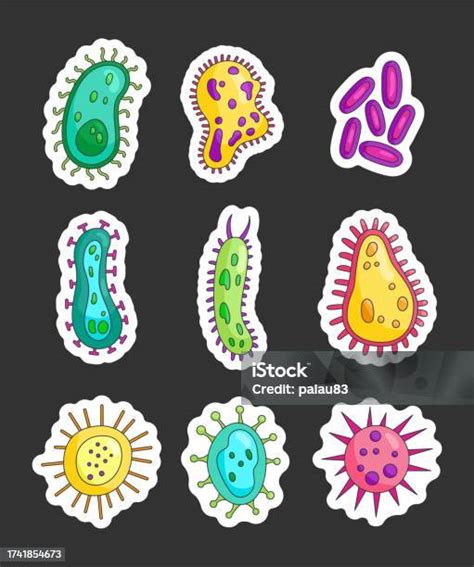 다양한 유형의 바이러스 스티커 책갈피 박테리아 생물학적 미생물 좋은 미생물과 나쁜 미생물 손으로 그린 스타일 벡터 그리기 디자인 요소 모음입니다 감기와 독감에 대한 스톡