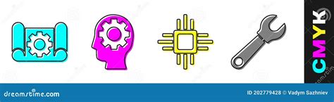 Set Graphing Paper And Gear Human Head With Gear Inside Processor With Microcircuits Cpu And