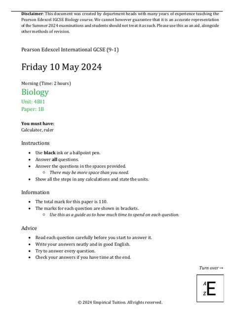 Summer 2024 Igcse Biology Predicted Exam Edexcel Paper 1b Mark