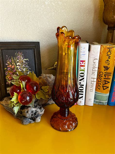 Vintage Kanawha Glass Amber Moon And Stars Glass Swung Vase Etsy