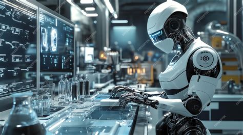 A humanoid robot works on a computer in a futuristic laboratory setting | Premium AI-generated image