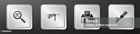 권총 또는 총 검색 기관단 M3 사냥 가게 무기 및 대전차 손 수류탄 아이콘을 설정합니다 실버 스퀘어 버튼 벡터 3에 대한 스톡 벡터 아트 및 기타 이미지 Istock
