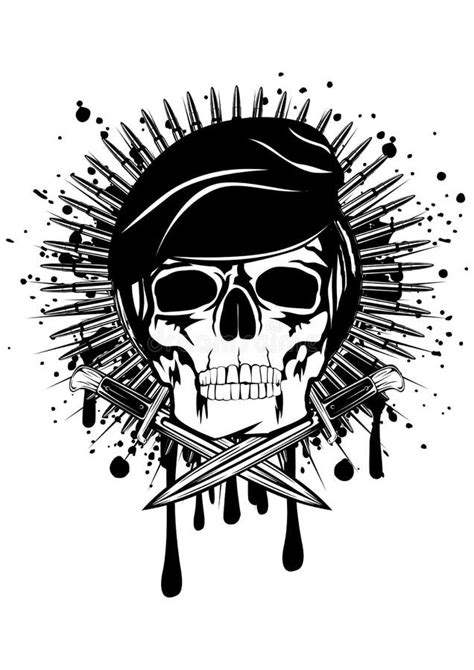 Череп в берете и пересеченных ножах Иллюстрация вектора иллюстрации насчитывающей война