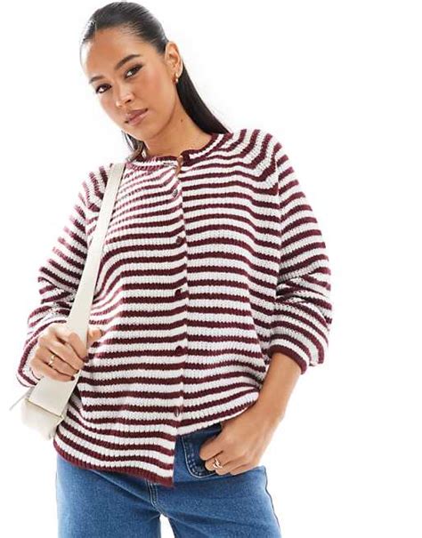 Asos Design Knitted Raglan Cardigan In Burgundy Stripe Asos