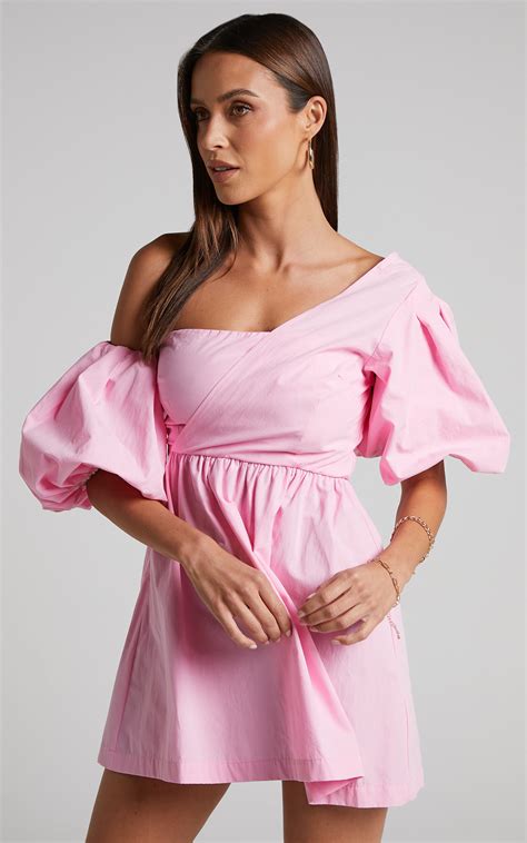 Sula Mini Dress Asymmetric Off One Shoulder Puff Sleeve Dress In Pink