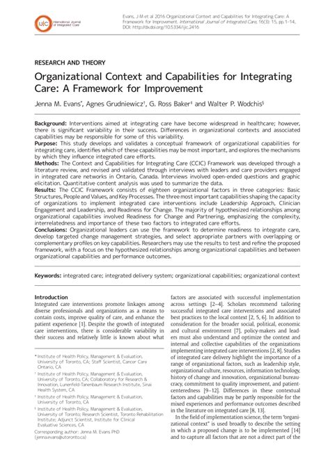 Pdf Organizational Context And Capabilities For Integrating Care A Framework For Improvement