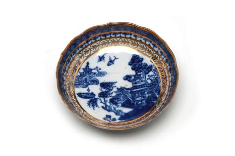 Lot A Blue And White Porcelain Saucer Painted And Gilt With Pavilion And Landscape Design