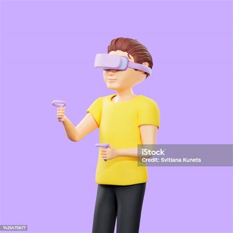 리모컨이 달린 실버 가상 현실 안경을 착용 한 남자의 래스터 일러스트레이션 노란색 티셔츠 증강 현실 메타버스 Vr 헬멧 홀로그램