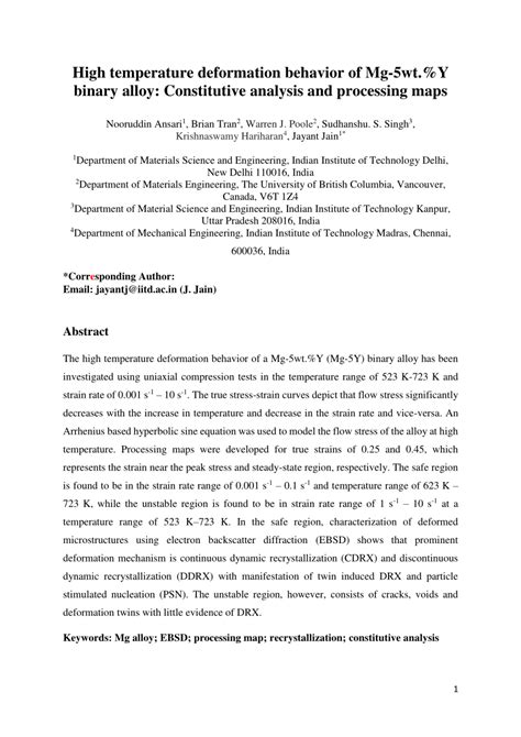 Pdf High Temperature Deformation Behavior Of Mg 5wt Y Binary Alloy Constitutive Analysis And