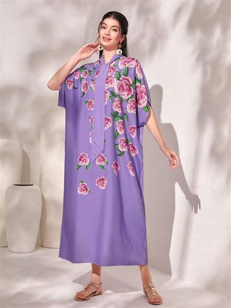 SHEIN X Noha SHEIN Najma Caftán con estampado floral de manga murciélago Moda de Mujer SHEIN